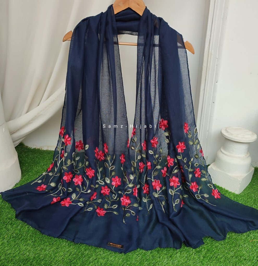 Floral Border Embroidery Lawn Hijab Design _ Navy Blue – samzhijabi