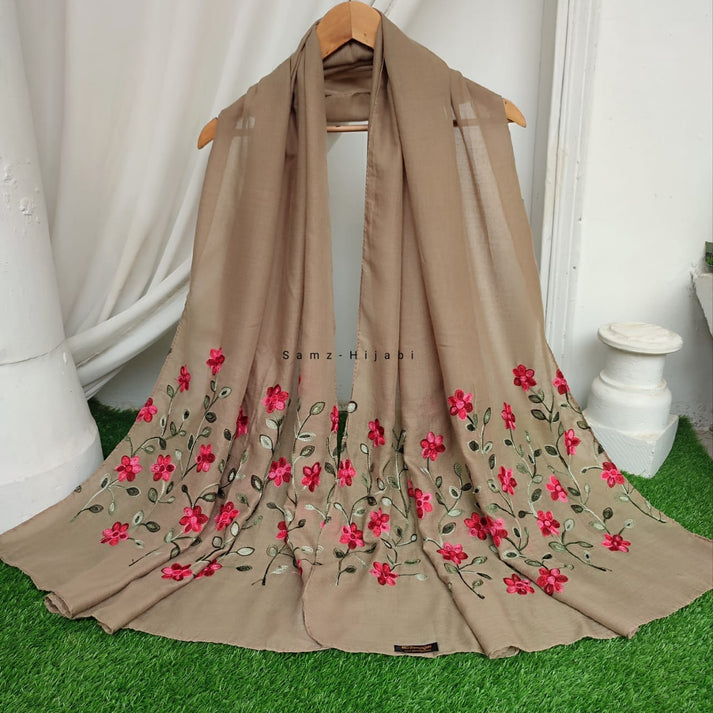 Floral Border Embroidery Lawn Hijab Design _Khakhi – samzhijabi
