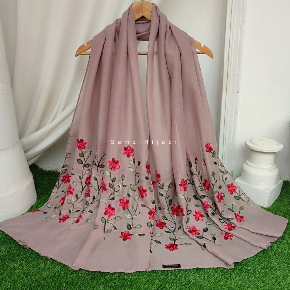 Floral Border Embroidery Lawn Hijab Design _Pastel Pink – samzhijabi