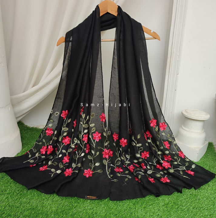 Floral Border Embroidery Lawn Hijab Design _Black – samzhijabi
