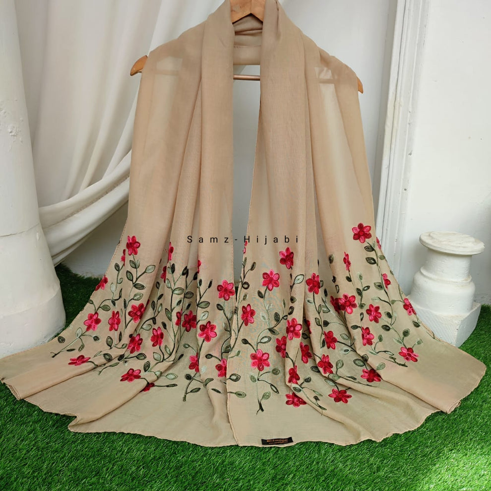 Floral Border Embroidery Lawn Hijab Design _ Desert – samzhijabi
