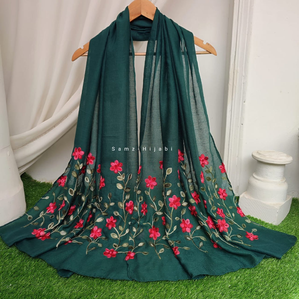 Floral Border Embroidery Lawn Hijab Design _ Dark Green – samzhijabi